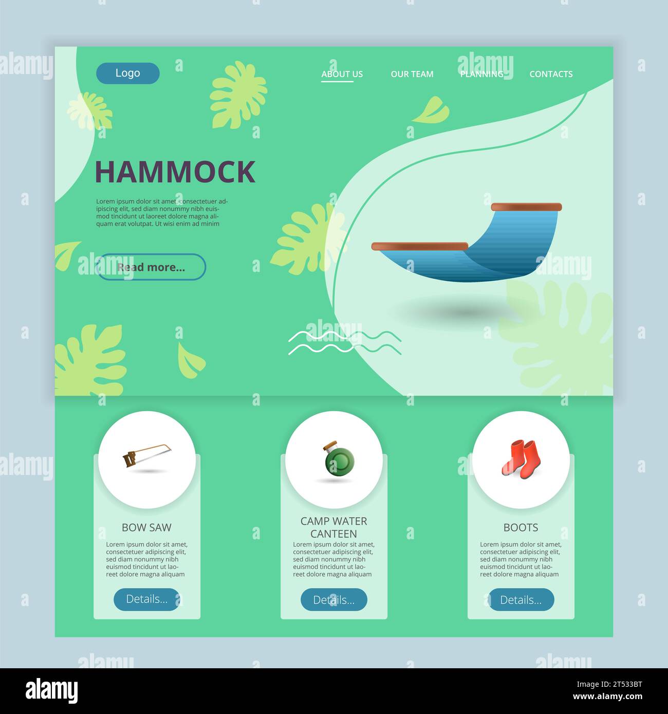 Hammock flat landing page website template. Bow saw, camp water canteen ...