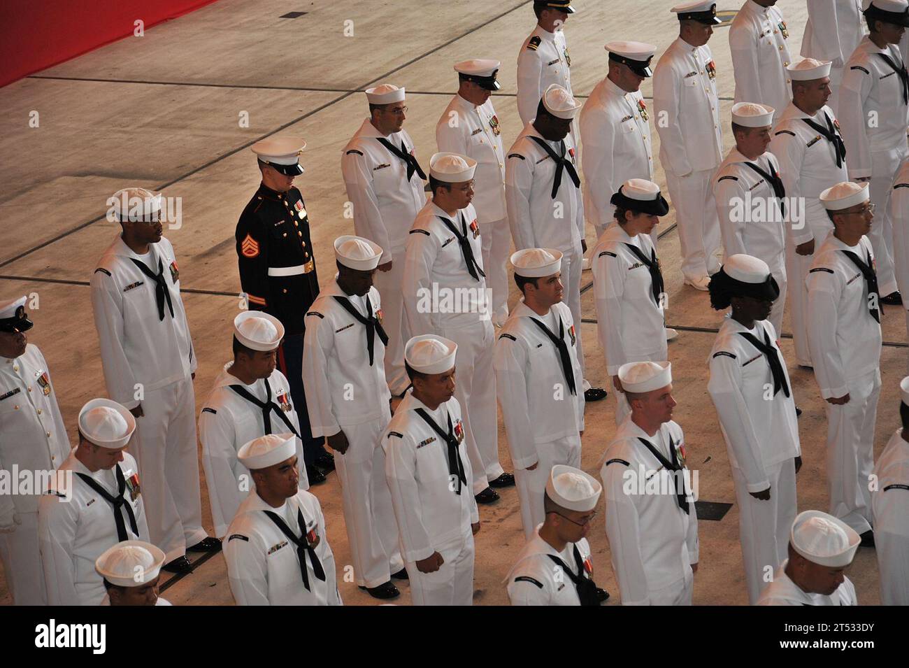 1007092858S-092 ATSUGI, Japan (July 9, 2010) Sailors and a Marine stand in ranks during the ...
