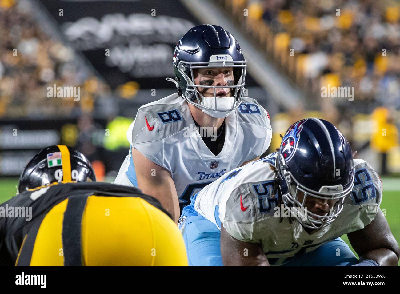 Tennessee Titans quarterback Will Levis (8) lines up behind center ...