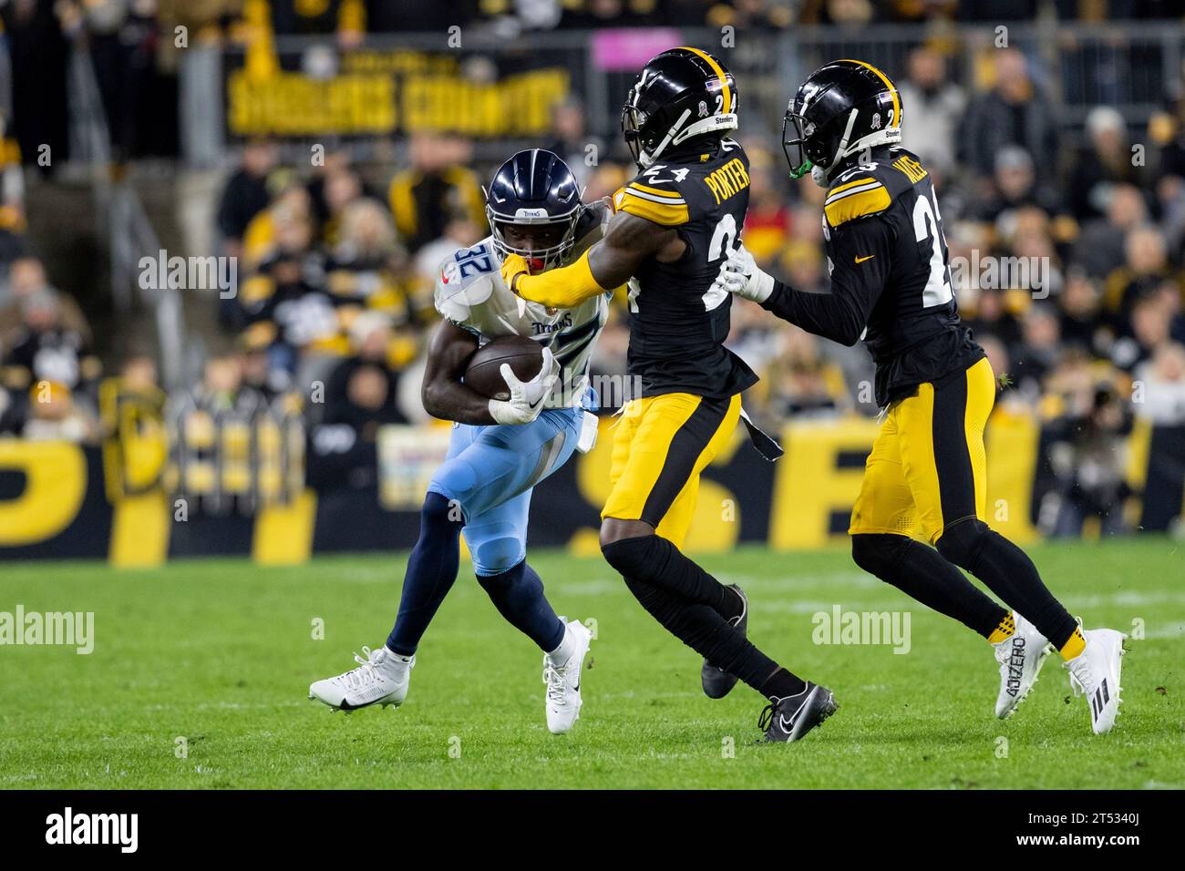 Pittsburgh Steelers cornerback Joey Porter Jr. (24) holds the face mask ...