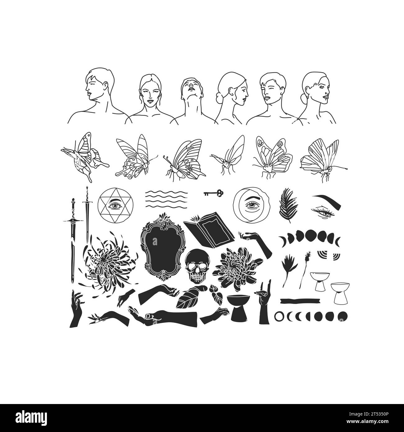 Set of vector graphic line art butterfly,moon,stars,line people ...