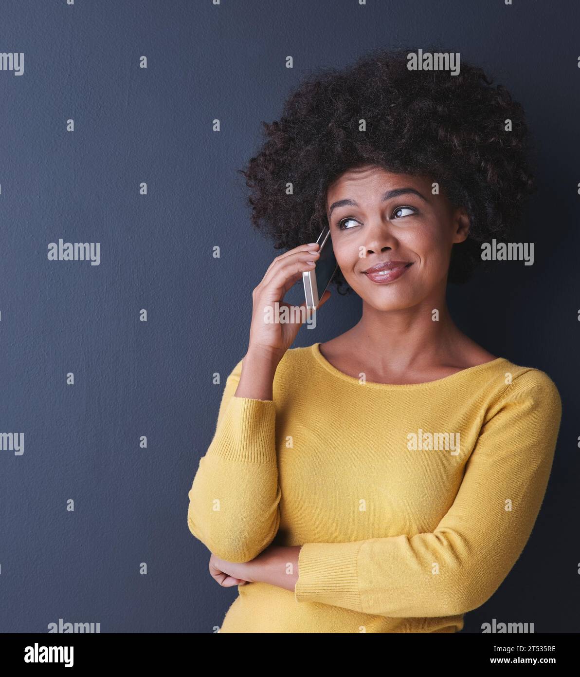 Black woman, thinking and phone call with ideas, doubt or confused ...