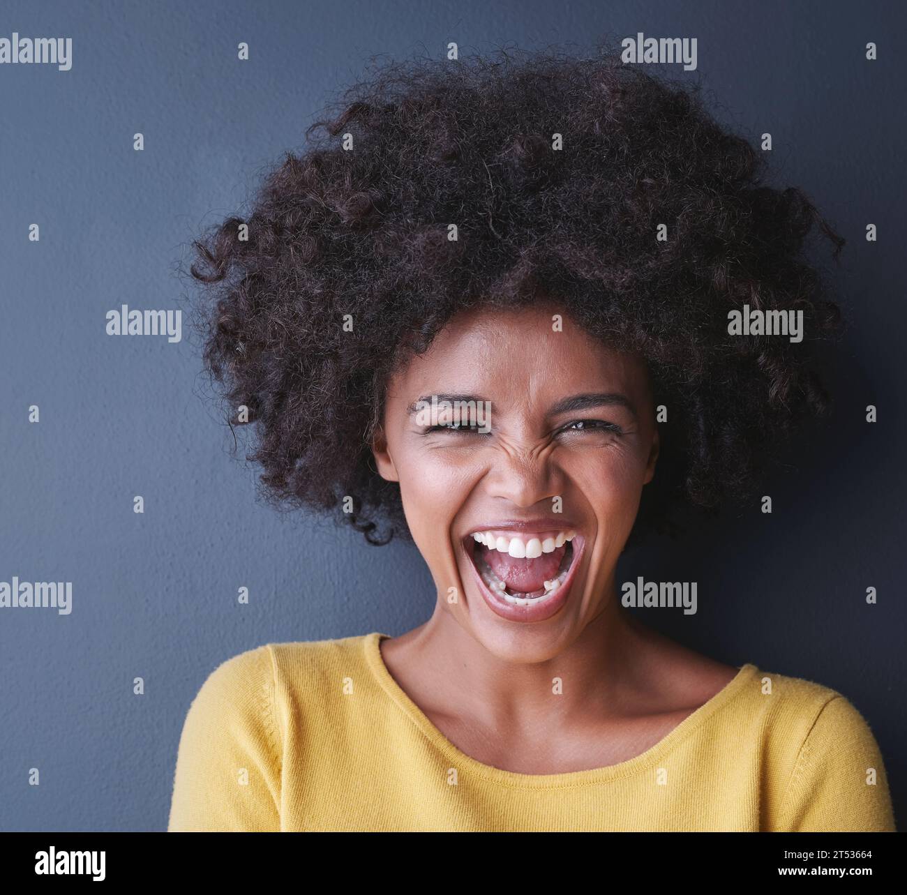 Laughing, black woman and portrait in studio with happiness, comedy or ...