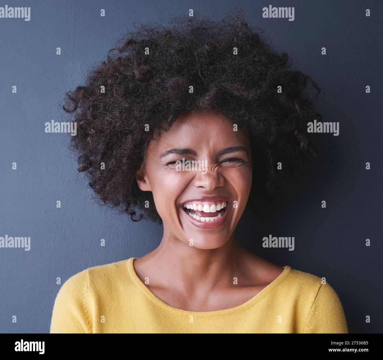 Black woman, laugh and beauty portrait in studio with happiness from ...