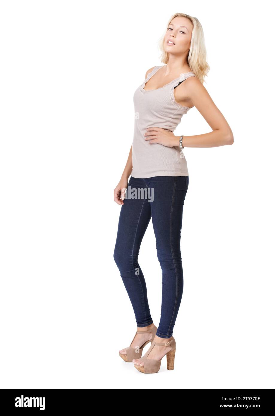 Portrait, woman and fashion for clothes in studio for white background ...