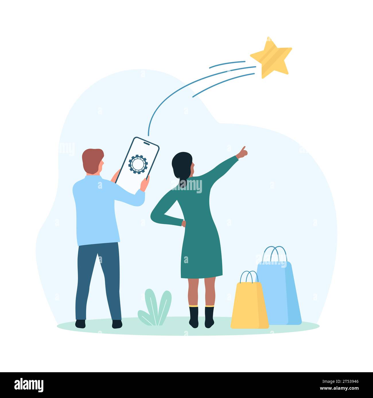 Customers feedback vector illustration. Cartoon tiny people launch star ...