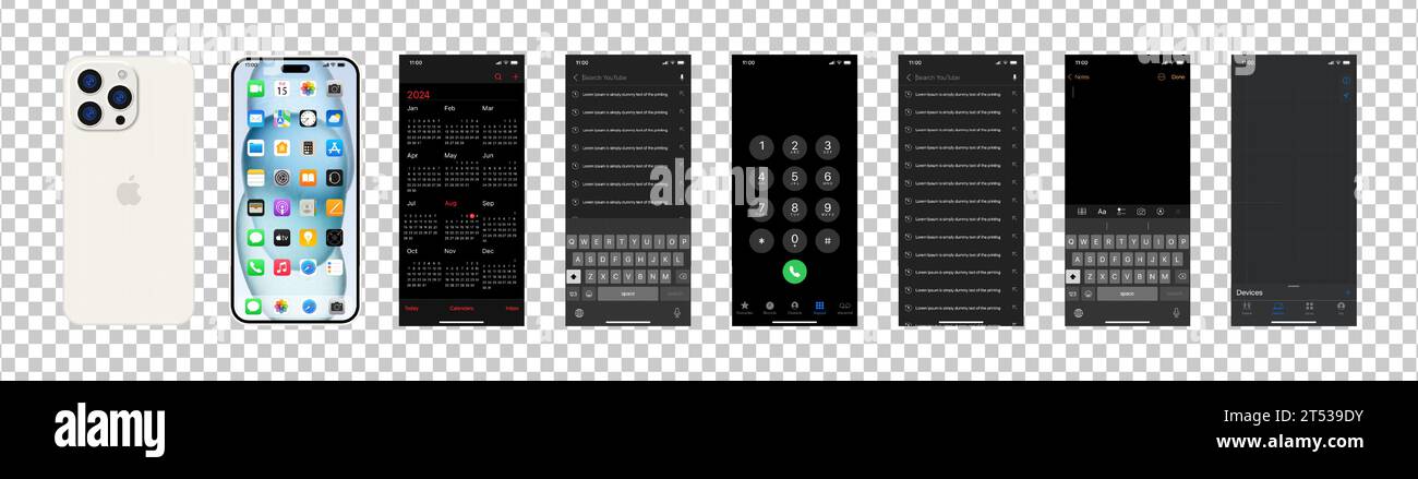 White Iphone 15 pro interfaces. Apple mockup. Front, back side of the ...