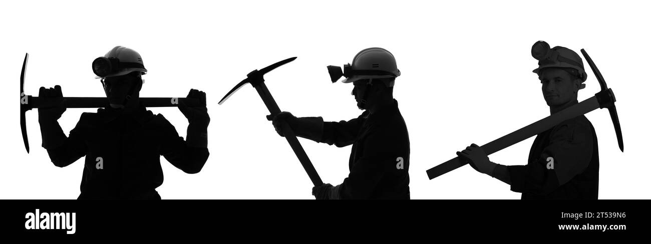 Silhouettes of male miners with pick axes on white background Stock ...
