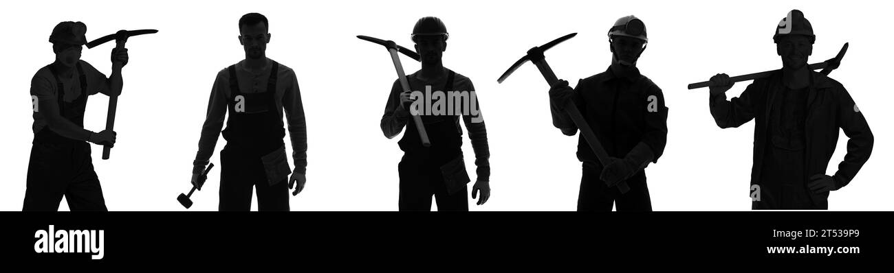 Silhouettes of male miners with pick axes on white background Stock ...