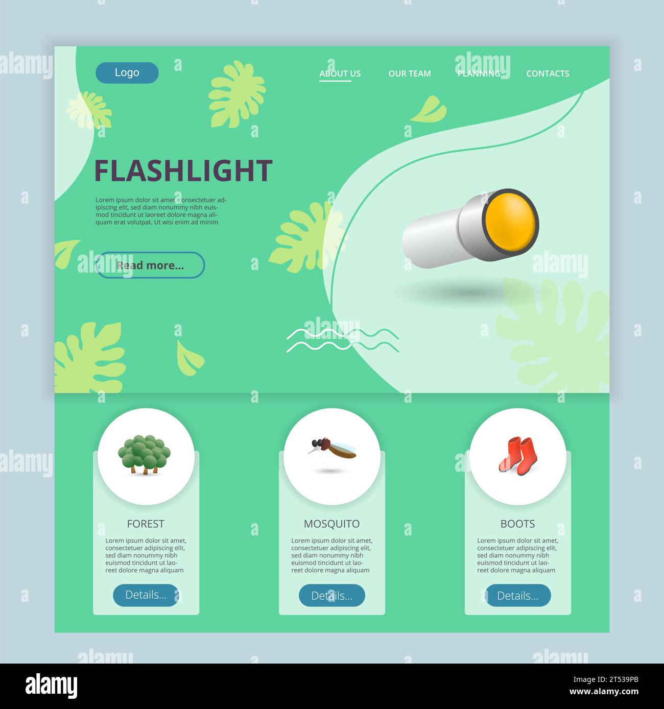 Flashlight flat landing page website template. Forest, mosquito, boots ...