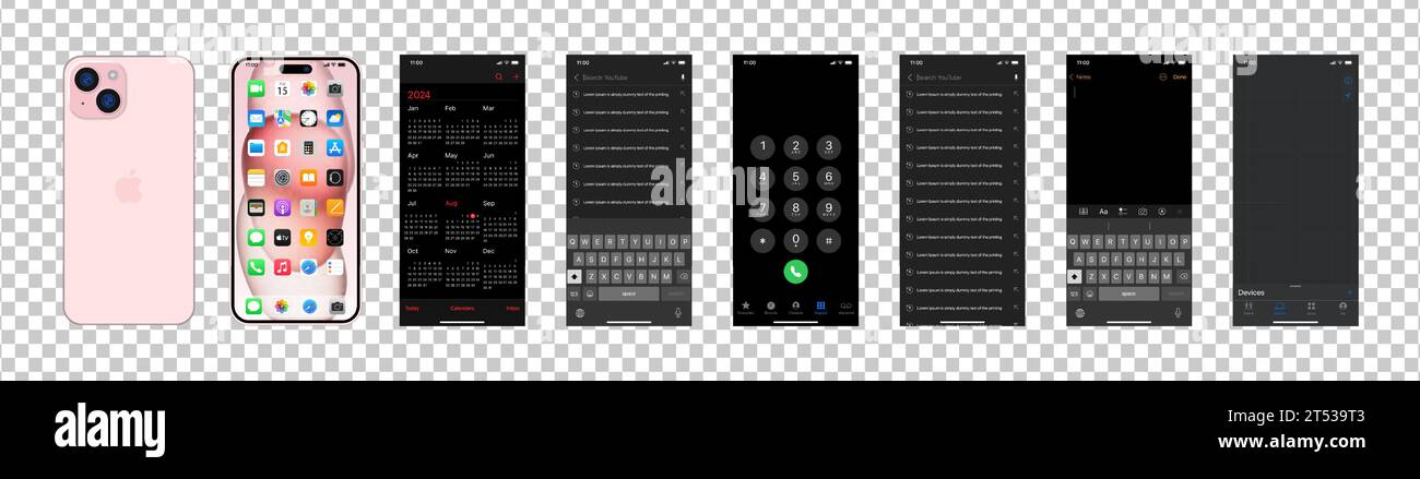 Pink Iphone 15 pro interfaces. Apple mockup. Front, back side of the ...