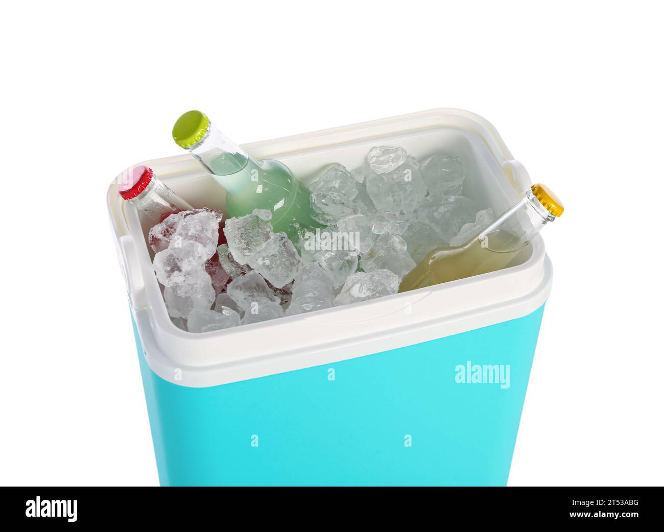 Modern beach cooler with ice cubes and bottles of cold drink on white ...