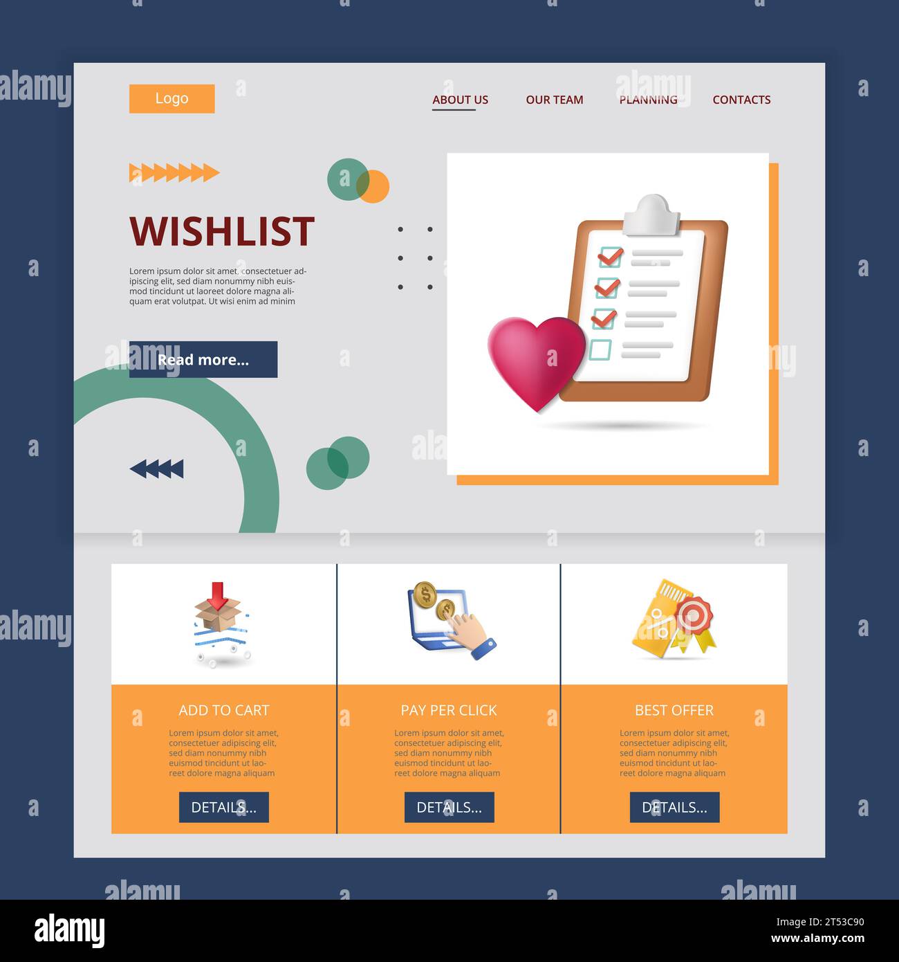 Wishlist flat landing page website template. Add to cart, pay per click ...