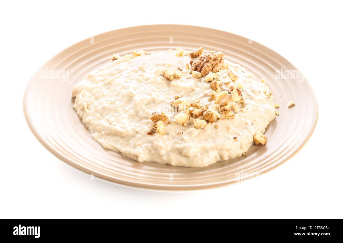 Plate of tasty baba ghanoush on white background Stock Photo - Alamy