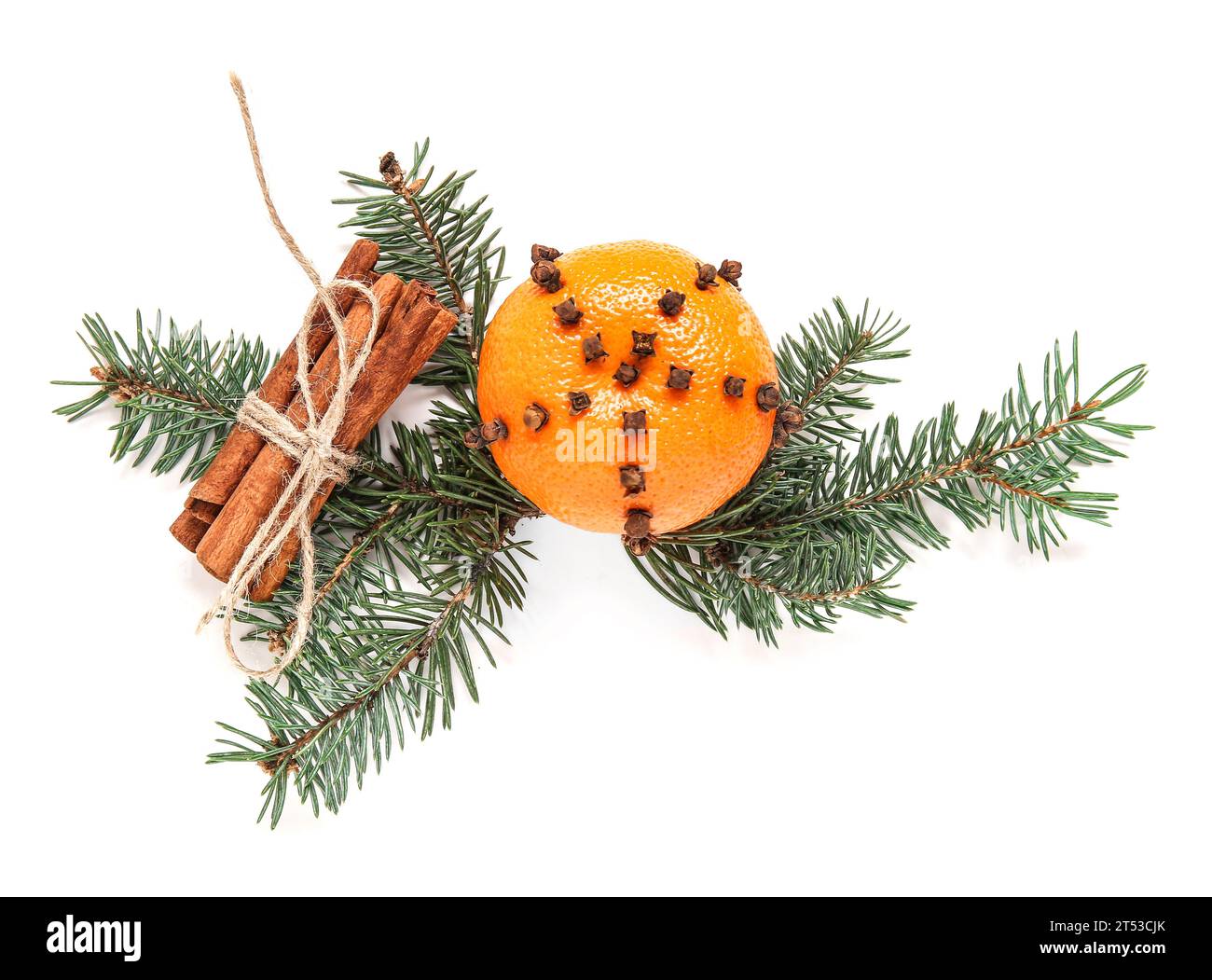 Pomander ball with Christmas tree branches and cinnamon on white ...