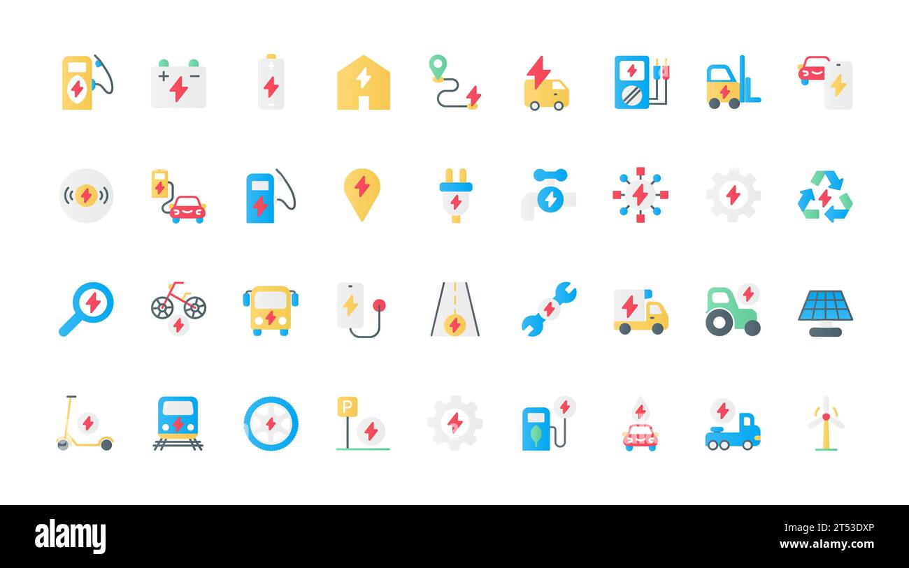 Electric vehicles and energy flat icons set vector illustration. EV ...