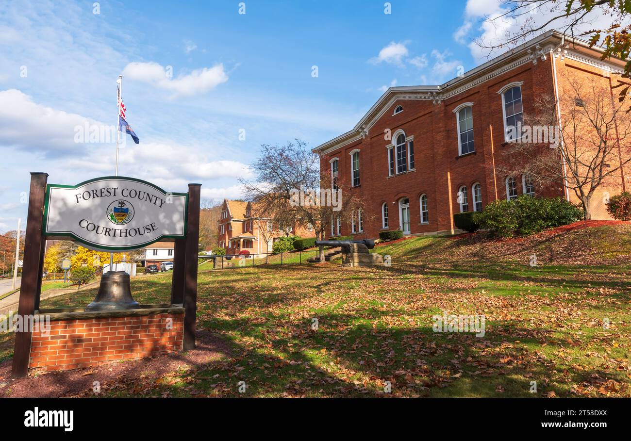 The Forest County Courthouse sign in front of the building on Elm Street in Tionesta ...