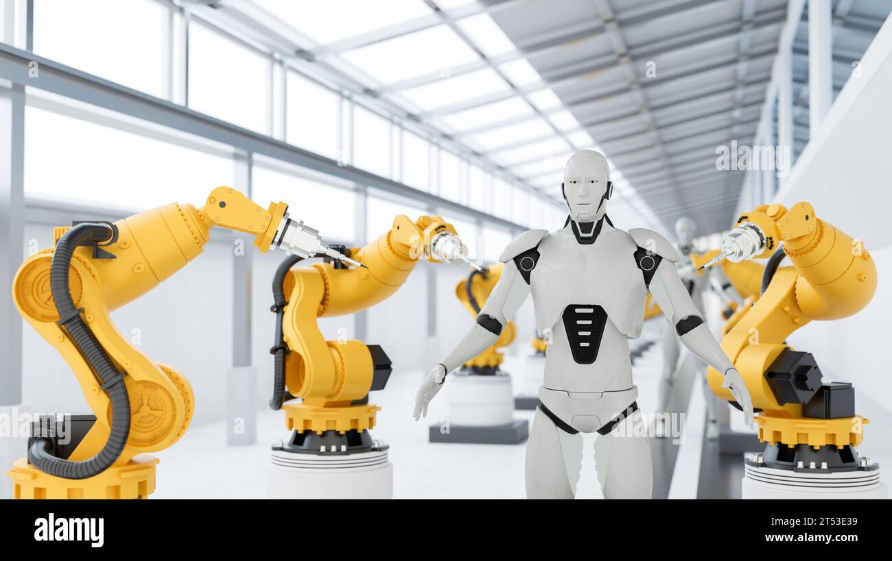 A modern robot factory, Modern robot arms are assembling a modern, high-tech innovation robot in ...