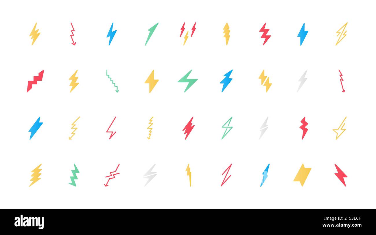 Lightning bolts flat icons set vector illustration. Symbols of electric energy and power ...