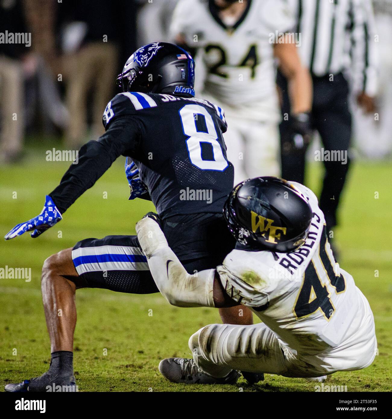 Durham, NC, USA. 2nd Nov, 2023. Duke Blue Devils wide receiver Jordan Moore (8) is tackled by ...