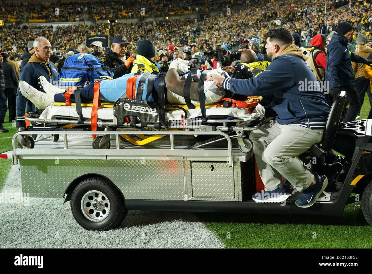 Tennessee Titans wide receiver Treylon Burks is carted off the field ...