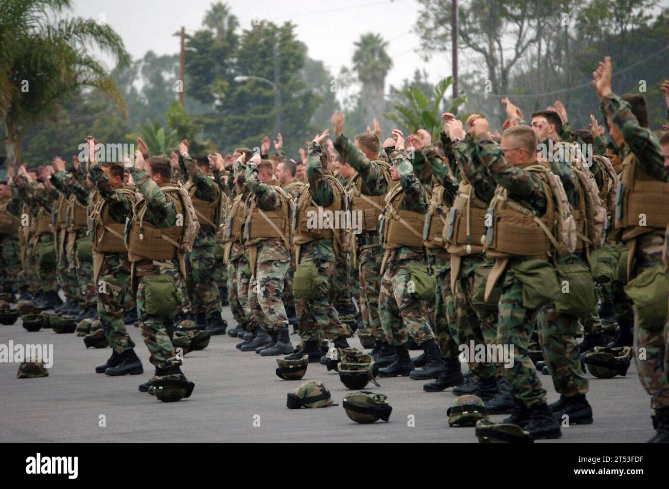 Calif., full battle gear, jumping jacks, Middle East, Naval Mobile ...