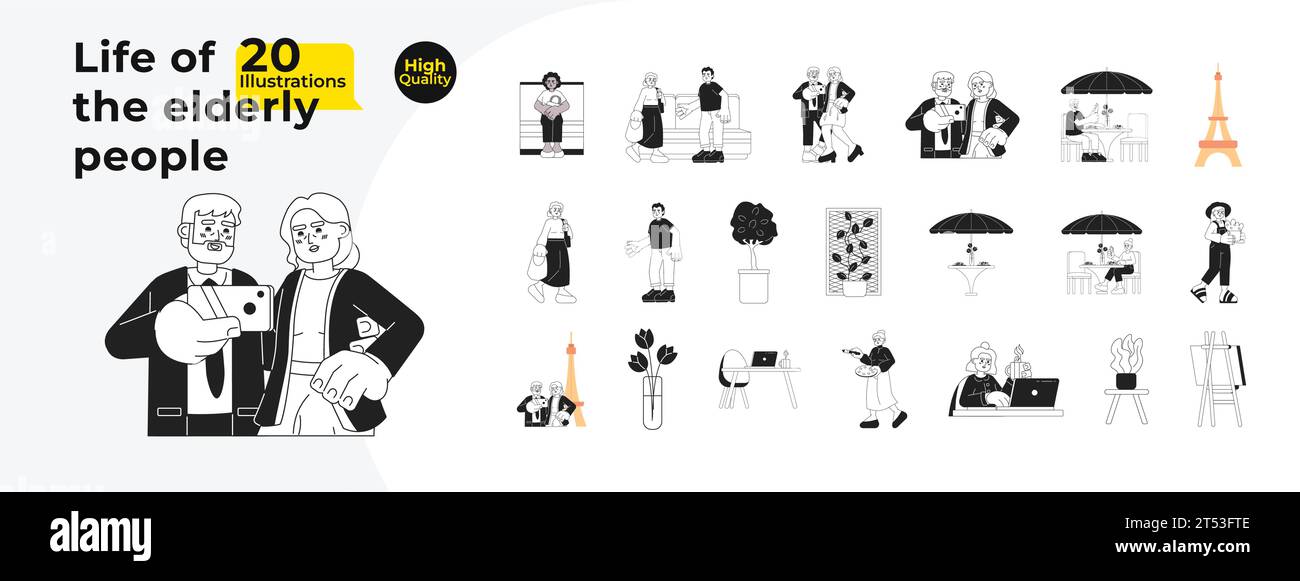 Active retiree pensioners black and white cartoon flat illustration ...