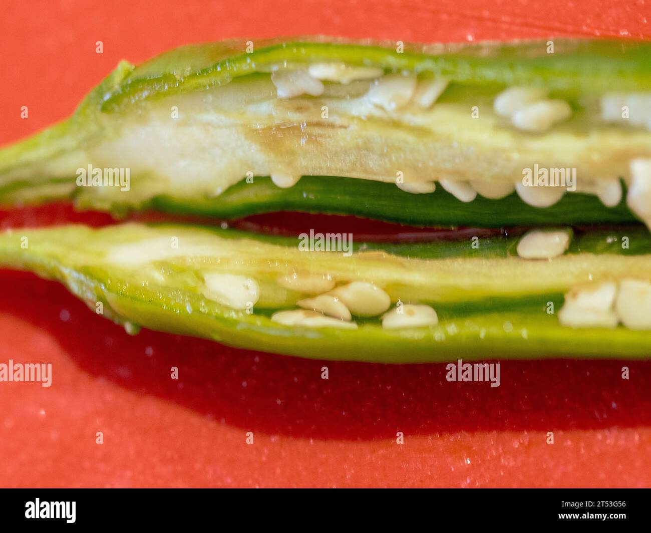 Closeup of homegrown green chilli cut in half to show seeds Stock Photo ...