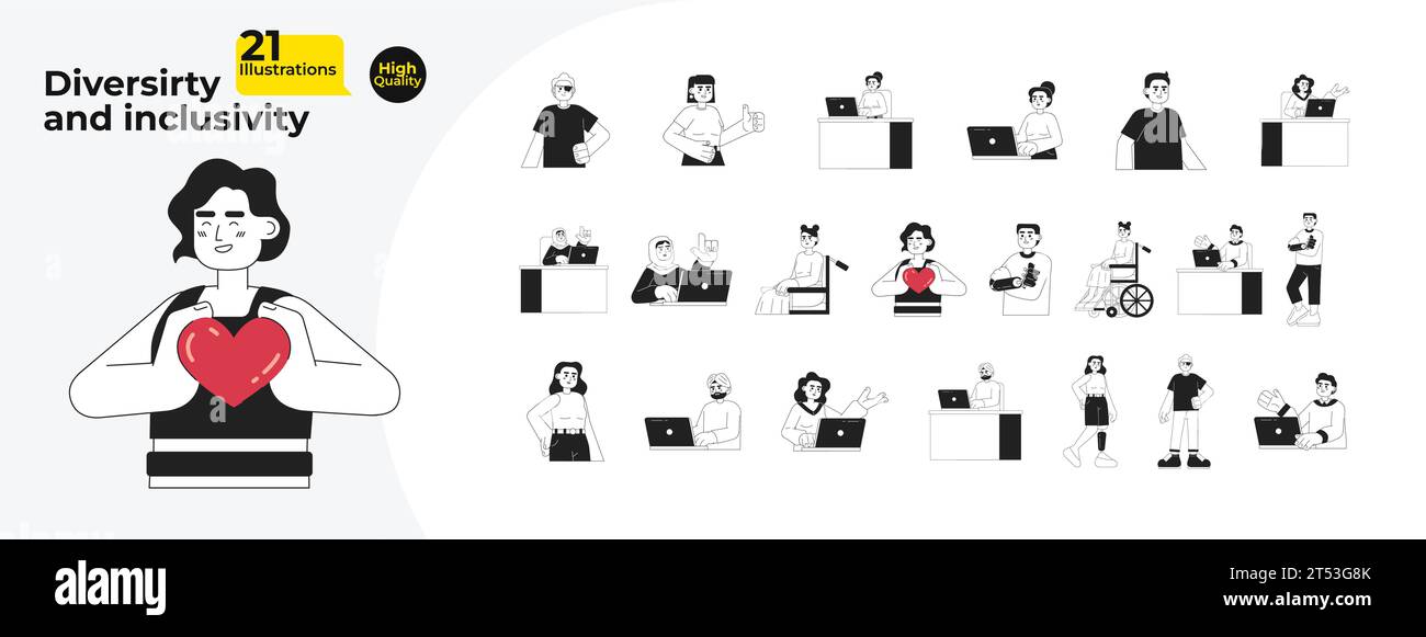 Diversity inclusivity people black and white cartoon flat illustration ...