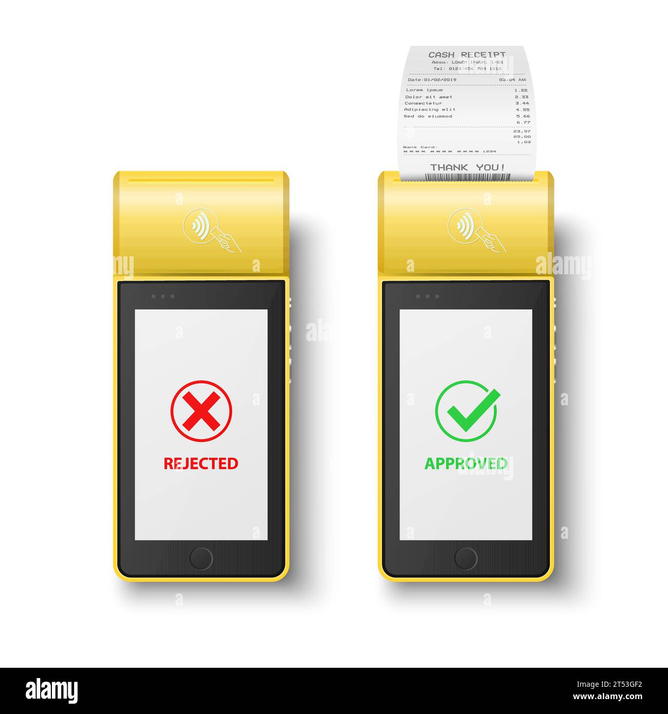 Vector 3d Yellow Nfc Payment Machine With Rejected And Approved Status Paper Cash Receipt Bill