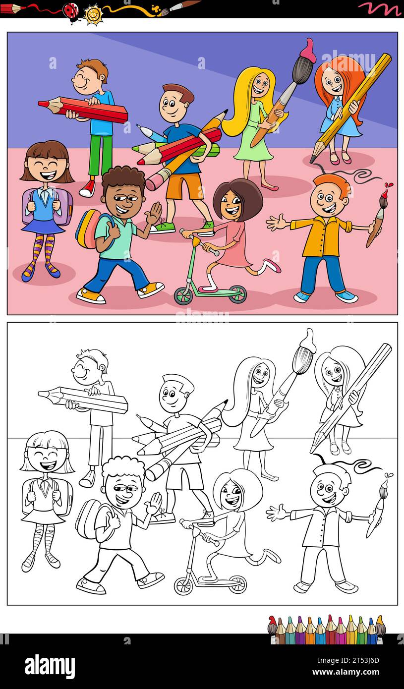 Cartoon illustrations of funny pupils children and teen characters ...