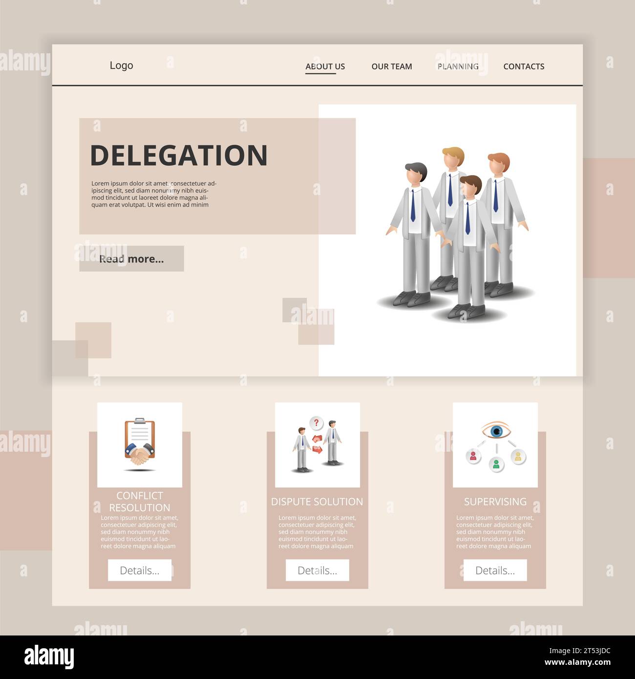 Delegation flat landing page website template. Conflict resolution ...