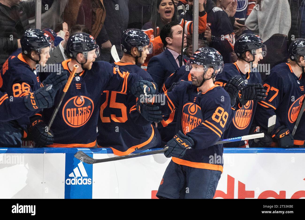 Edmonton Oilers' Sam Gagner (89) is congratulate for a goal against the ...