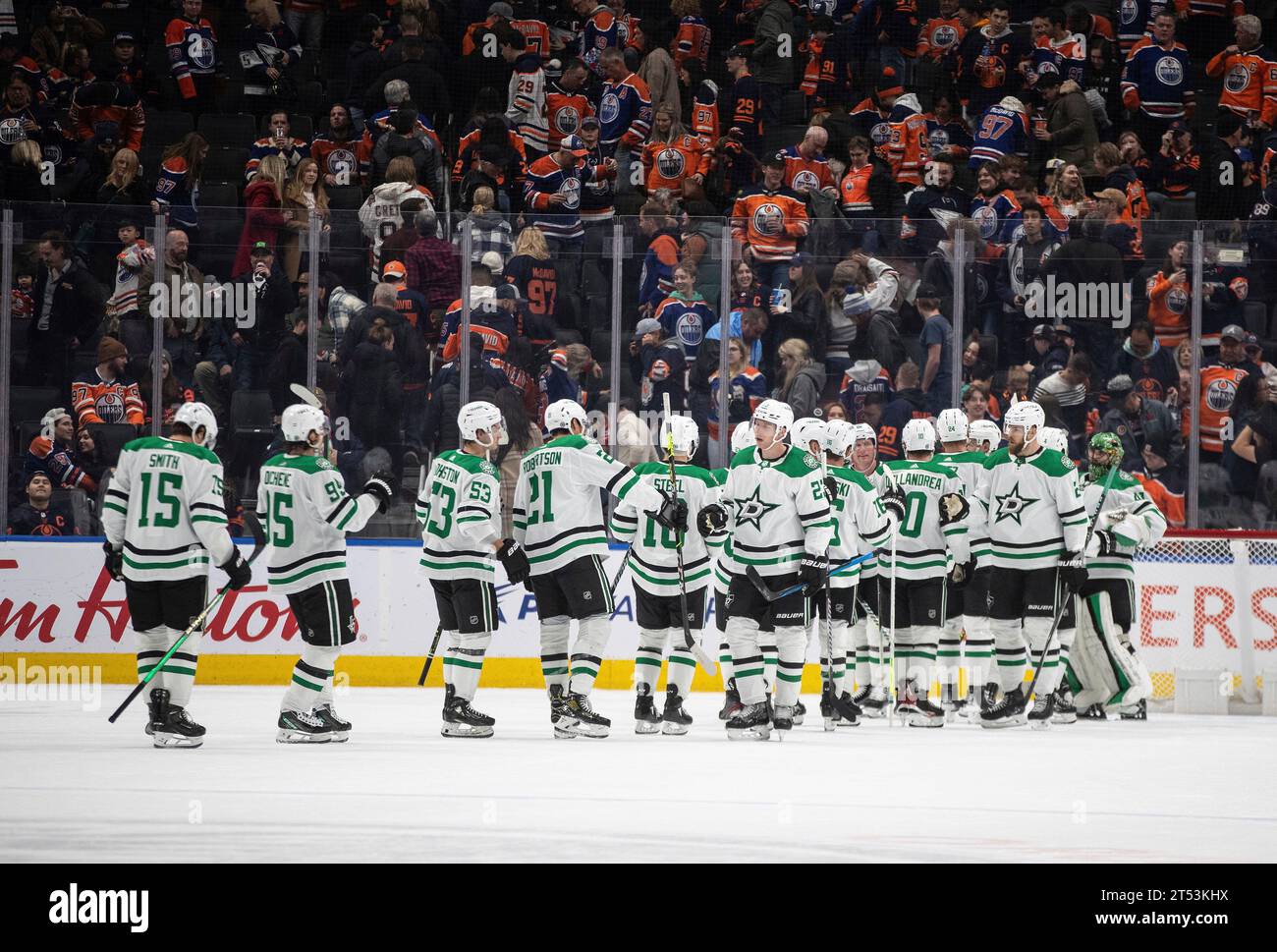 Dallas Stars celebrate a win over the Edmonton Oilers in an NHL hockey ...