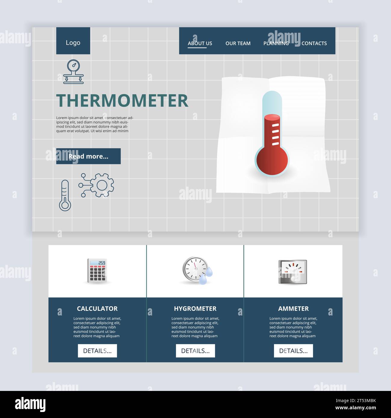 Thermometer flat landing page website template. Calculator, hygrometer ...