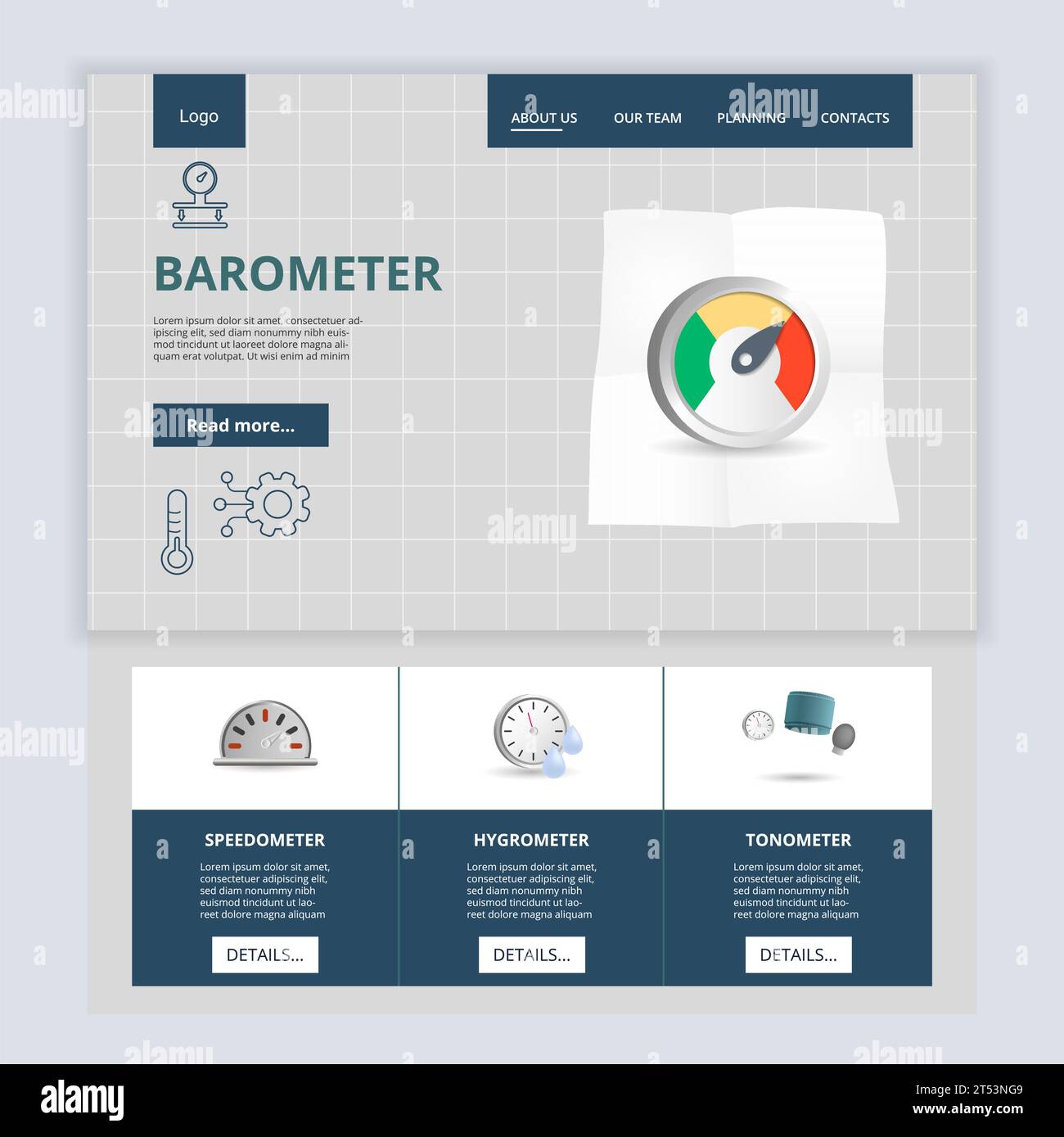 Barometer flat landing page website template. Speedometer, hygrometer, tonometer. Web banner ...