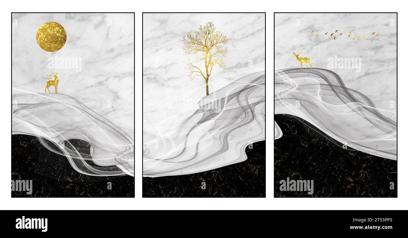 golden sun, tree and deer with clouds. 3d frame wall art. modern canvas ...