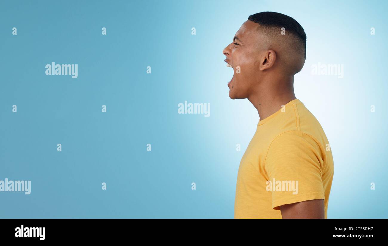 Angry, man and scream in studio at mockup space for crisis, anger or ...