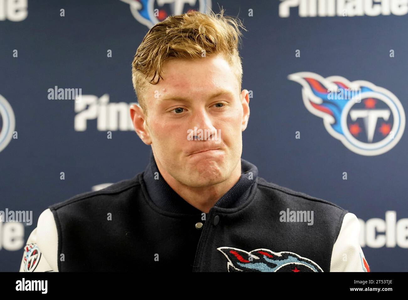 Tennessee Titans quarterback Will Levis speaks to the media after an ...