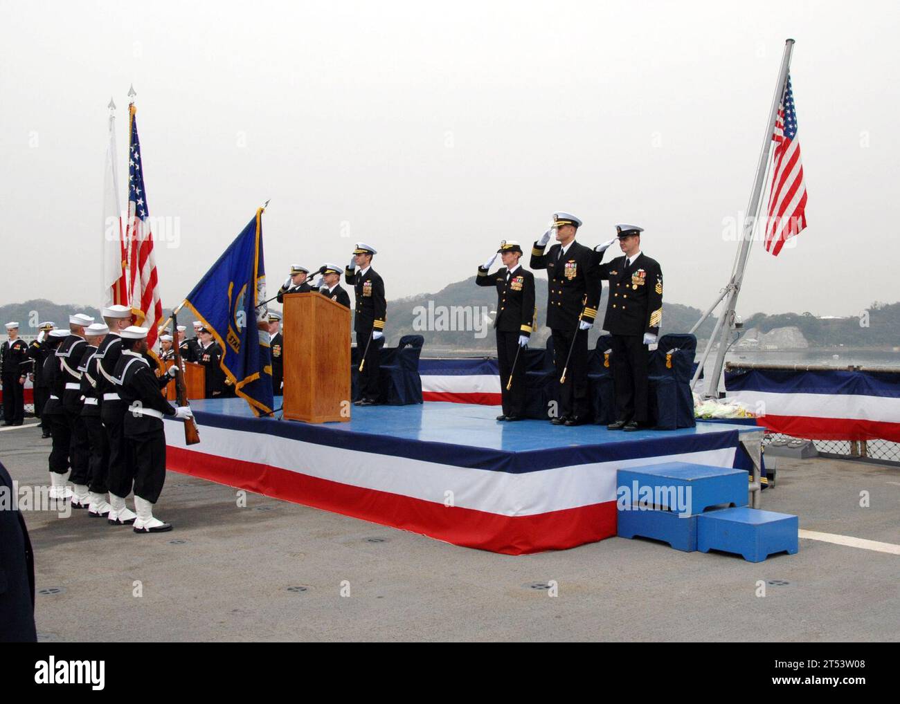 change of command ceremony, color guard, Japan, USS Blue Ridge (LCC 19 ...