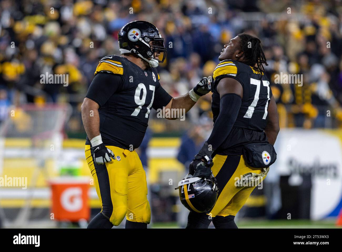 Pittsburgh Steelers defensive tackle Cameron Heyward (97) reacts to ...