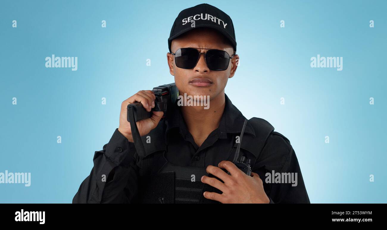 Portrait, security guard and serious man in sunglasses, safety ...