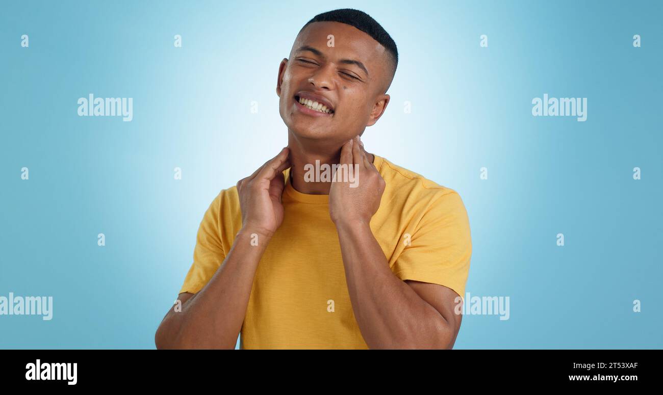 Stress, neck pain and man in studio with burnout, muscle or joint ...