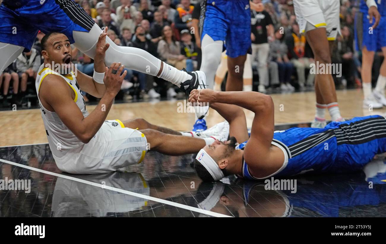 Orlando Magic guard Jalen Suggs, right, celebrates after Utah Jazz ...