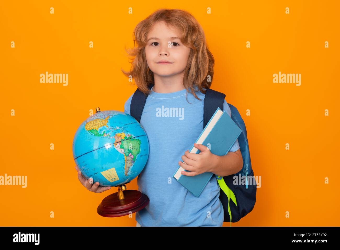 Pupil, nerd schoolboy. School boy with world globe and book. Kid boy ...