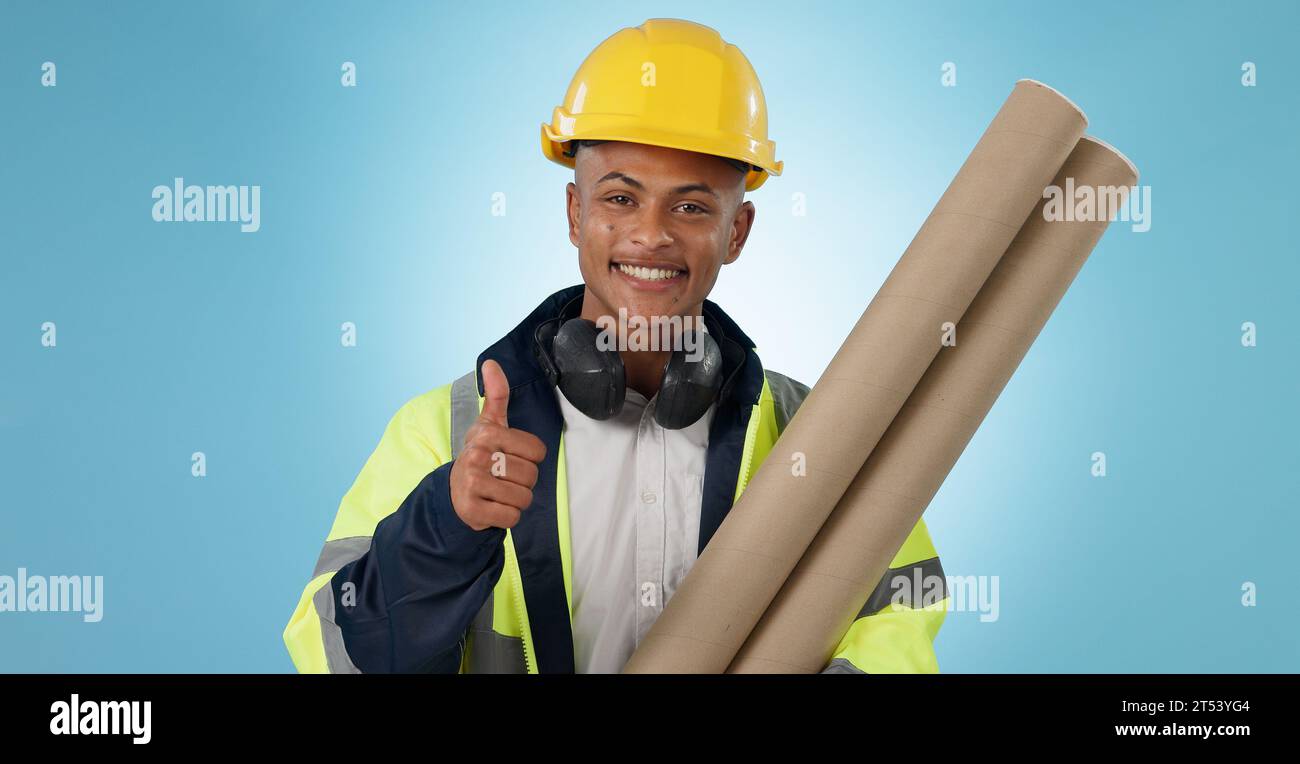 Engineering, man and thumbs up for architecture success, renovation and ...
