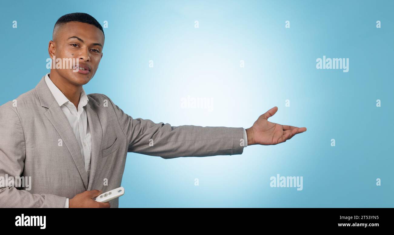 Weather forecast, portrait or man talking with hands for mockup space ...