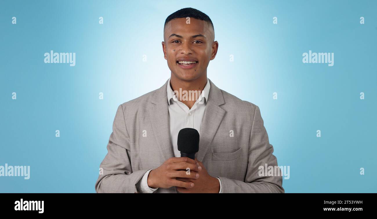 Man, news or reporter with mic on blue background for mock up of ...