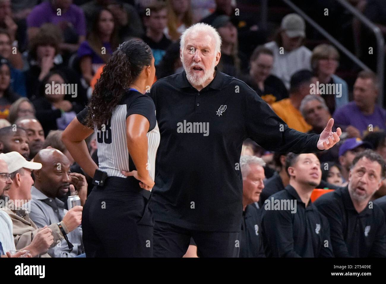 San Antonio Spurs coach Gregg Popovich talks to official Sha'Rae ...
