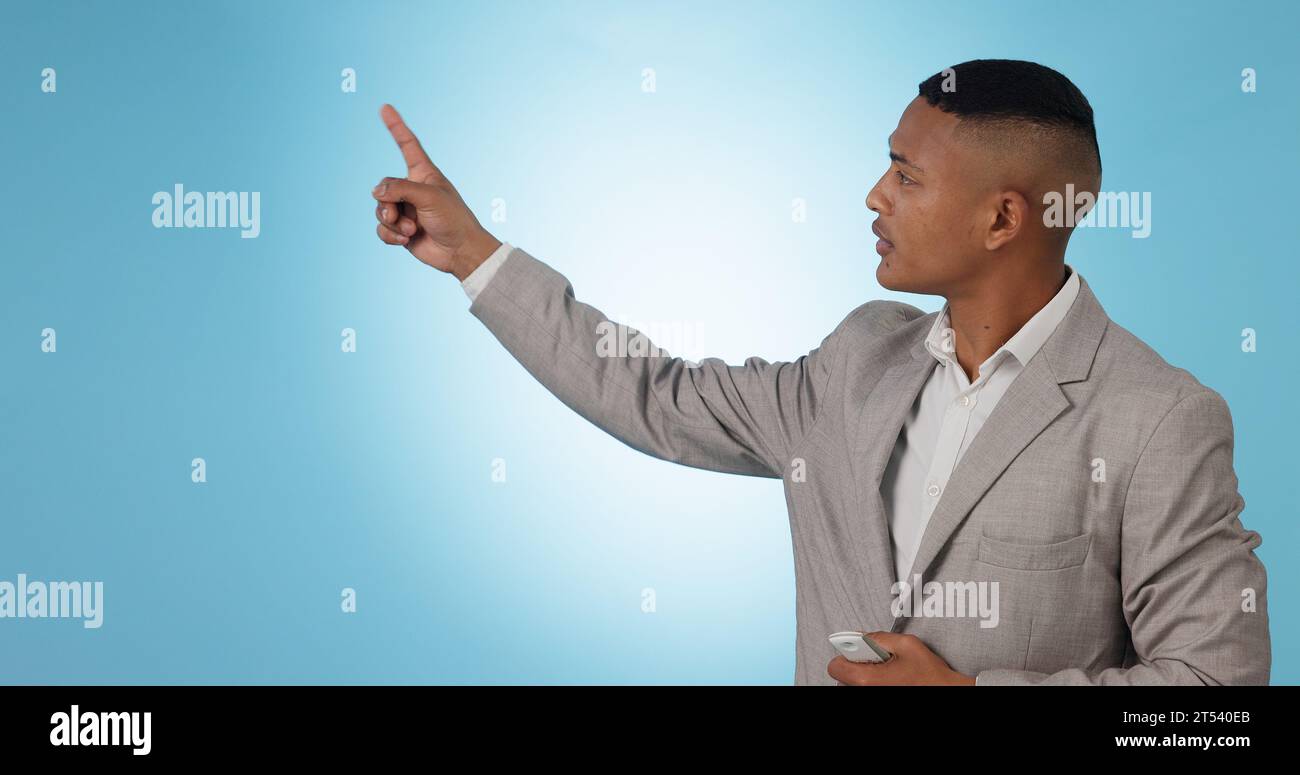 Weather forecast, pointing or man talking with hands for mockup space ...
